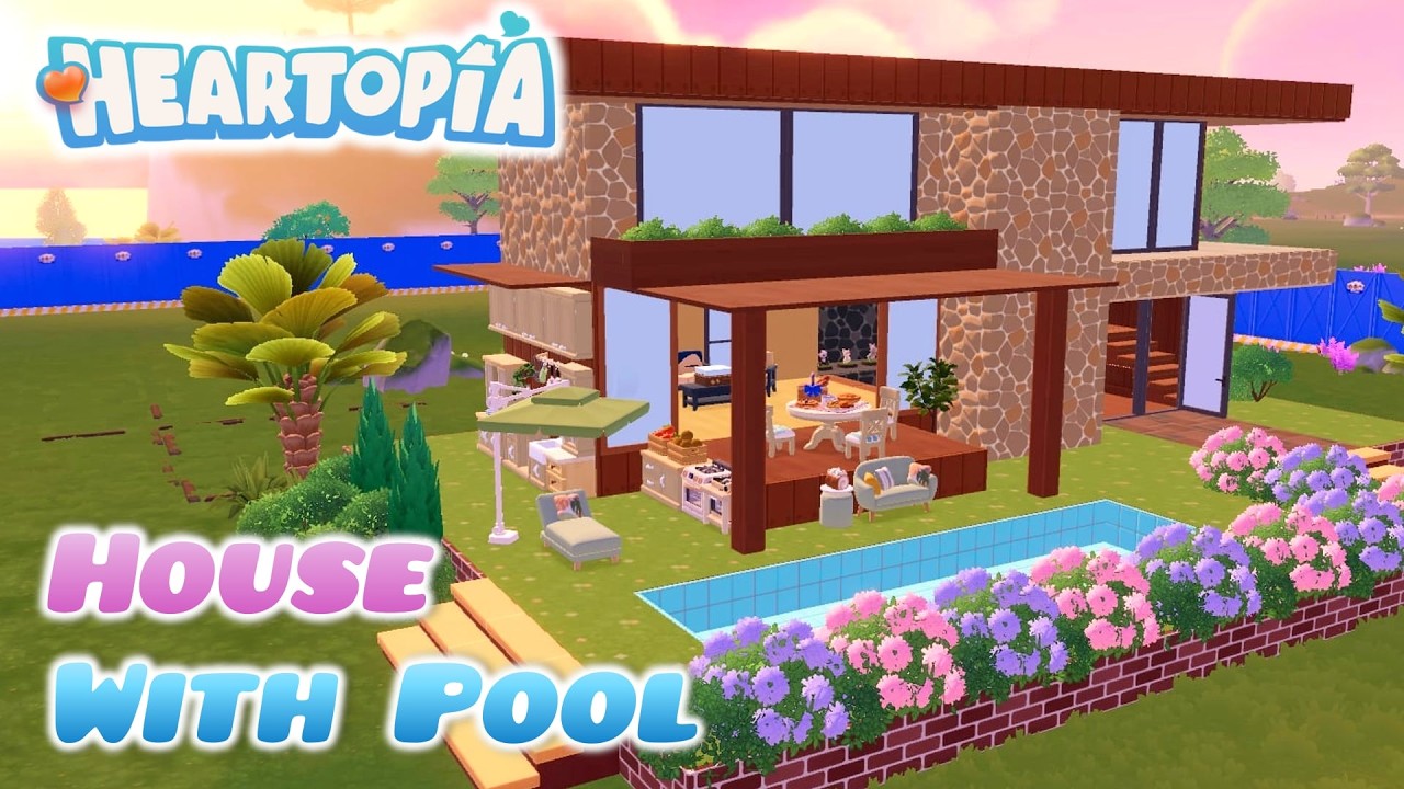 House with Pool Tutorial using only 4 plots in Heartopia [Full Build ...