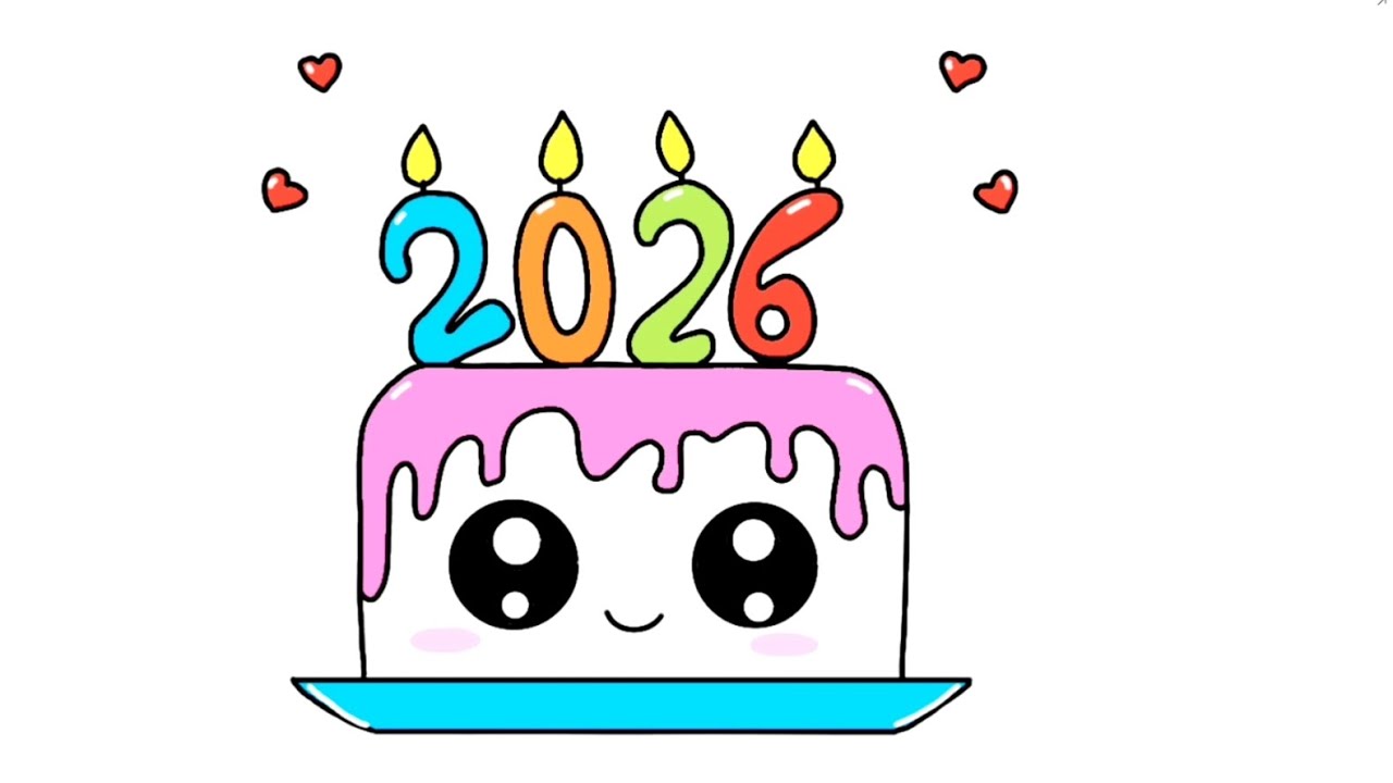 Easy Cute 2026 Cake Drawing 🎂 | New Year 2026 Drawing for Kids | Step ...