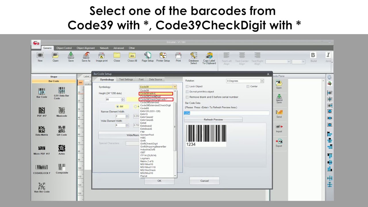 GoLabel - Add new barcodes:Code39 with *, Code39CheckDigit with *, Codablock F - YouTube