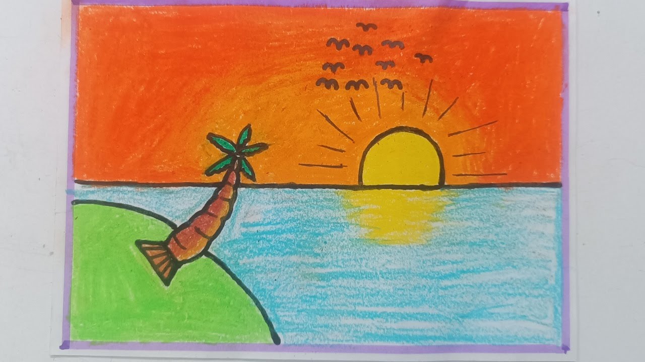 Beautiful Nature Scenery Drawing For kids | Easy Sunset Scenery Drawing ...