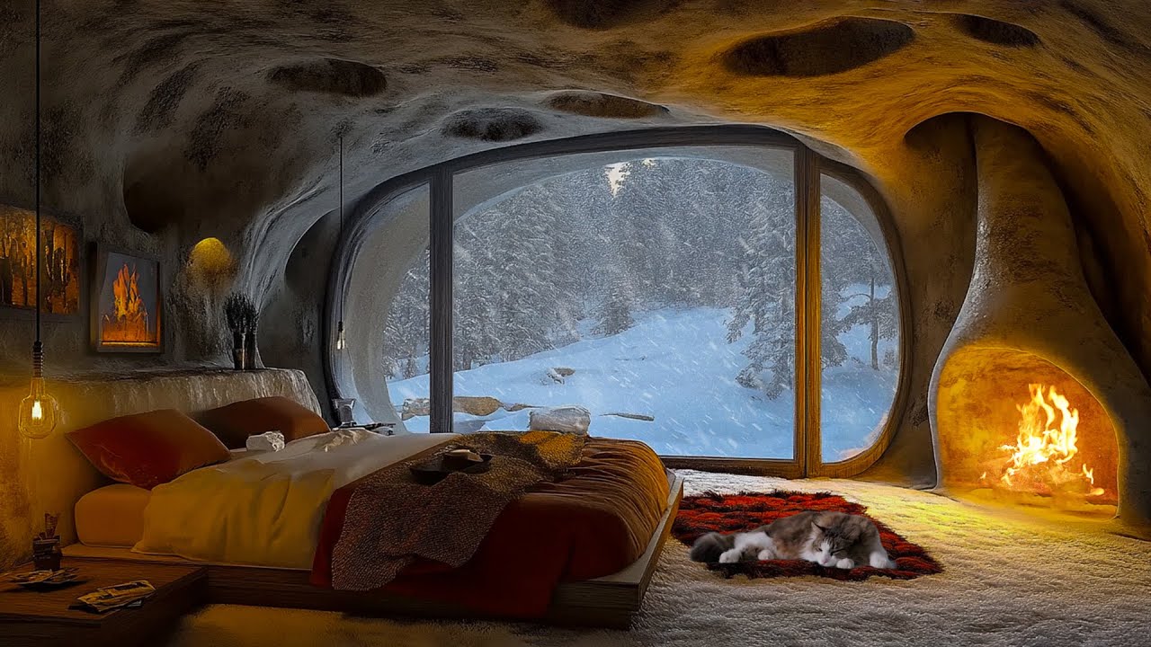 Winter Cave Retreat ️ Crackling Fire and Snowstorm Outside for Peaceful ...