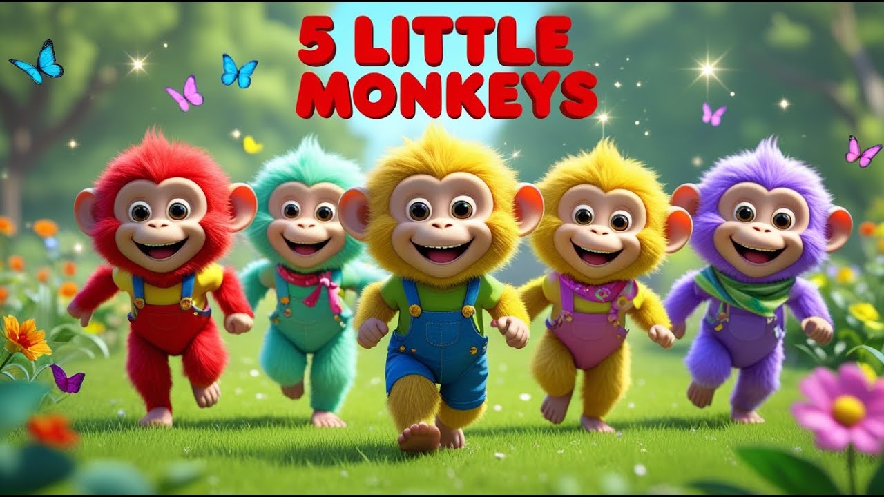 Five Little Monkeys Running in the Field🌈 | Nursery Rhyme & Kids Song ...