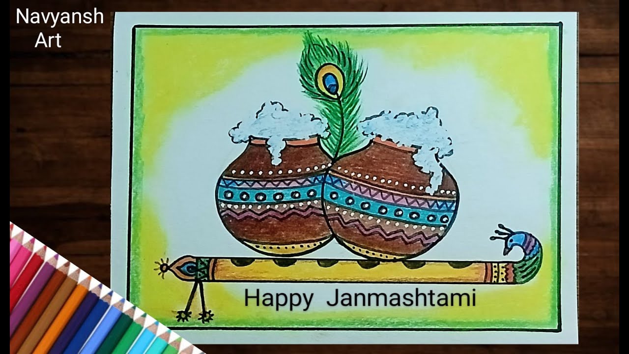 Krishna Janmashtami easy drawing / How to draw Matki and Flute step by ...