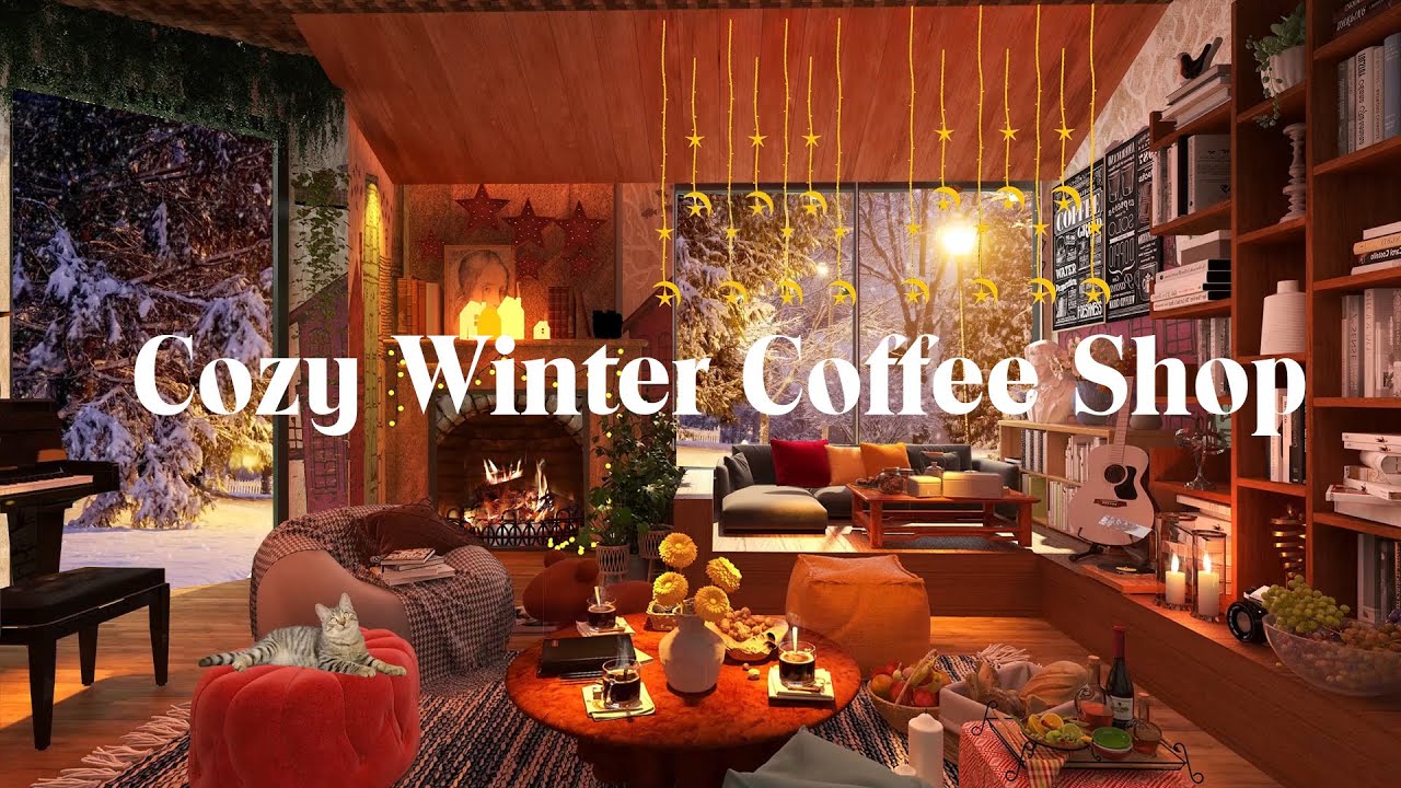 Snowy Winter Night in Cozy Coffee Shop 4K ☕ with Piano Jazz Music for ...