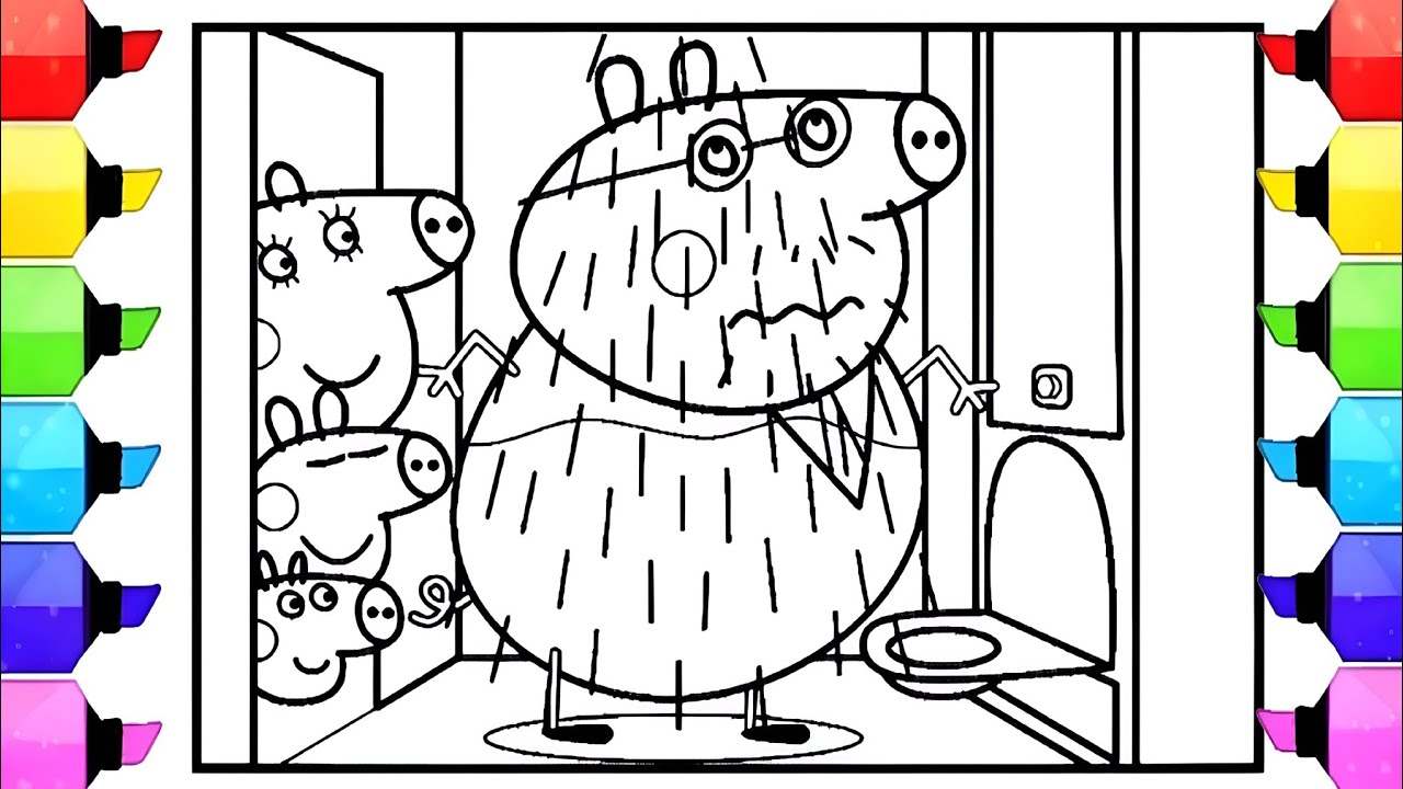 Daddy Pig into the Bathroom Drawing, Painting | Peppa Pig Coloring ...