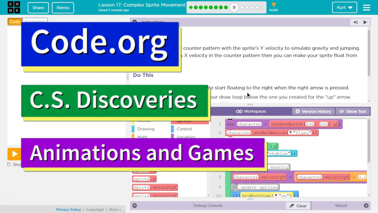 Complex Sprite Movement Lesson 17.9 Code.org Tutorial with Answers - YouTube