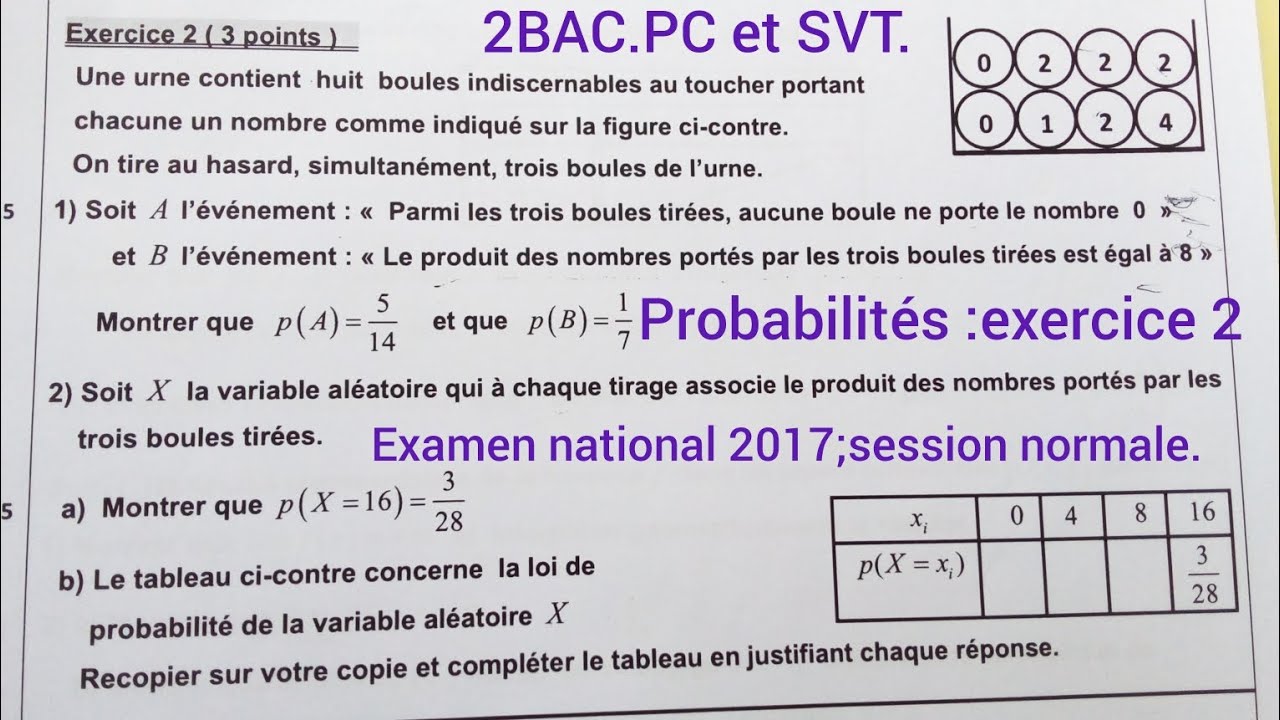 Probabilités :examen national de l'année 2017, session normale ;ex2 ...