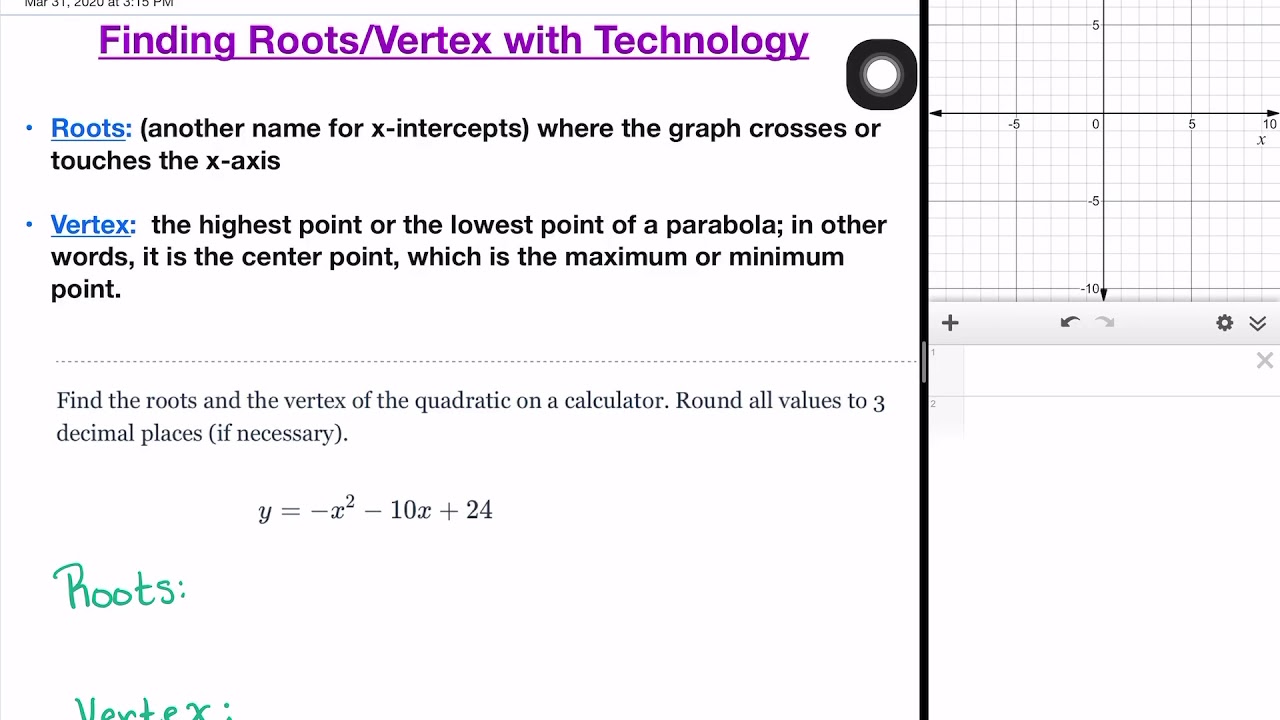 Finding Vertex/Roots with Technology and Parabola Features - YouTube
