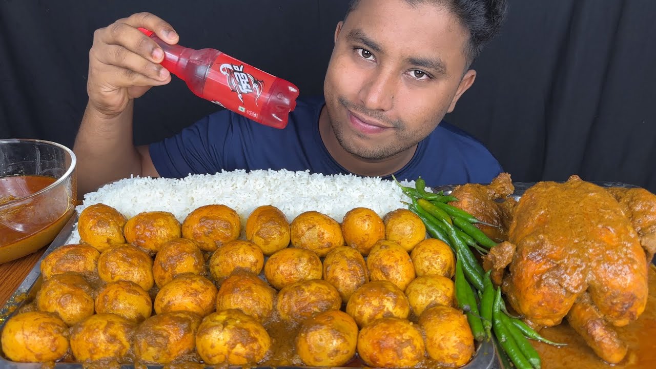 EATING BIG WHOLE CHICKEN, EGGS CURRY & RICE | WHOLE CHICKEN EATING ...