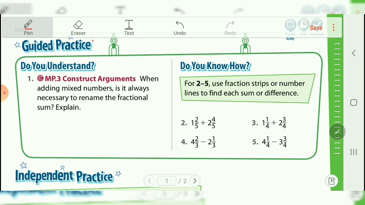 Pearson 9-8, Guided Practice: Adding and Subtracting Mixed Numbers ...