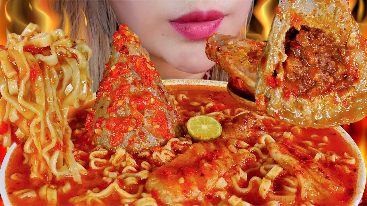 ASMR 💥🌋 INDOMIE SEBLAK HOT JELETOT BAKSO GUNUNG MERAPI PEDAS 🔥 SPICY ...