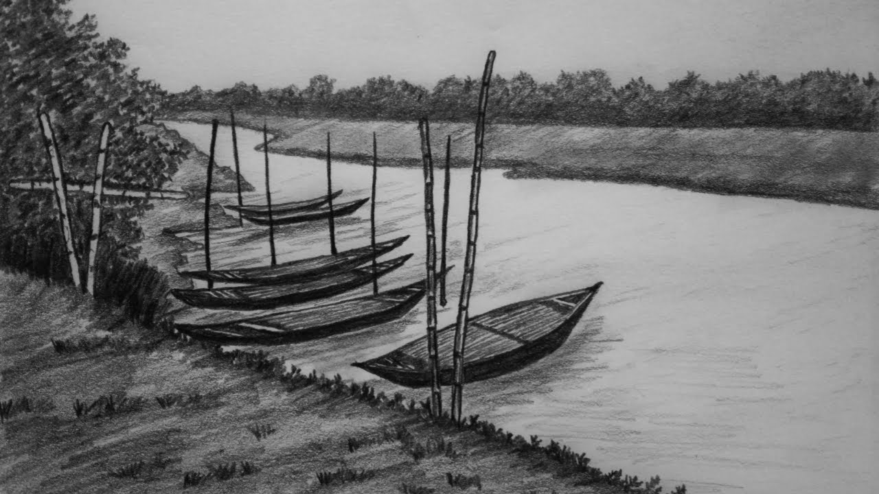 How to draw river side nature view step by step | Pencil art step by ...