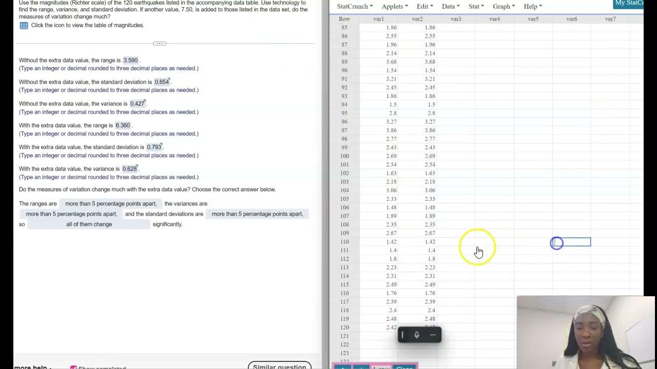 StatCrunch Range, Standard Deviation, and Variance with Extra Data Point - YouTube