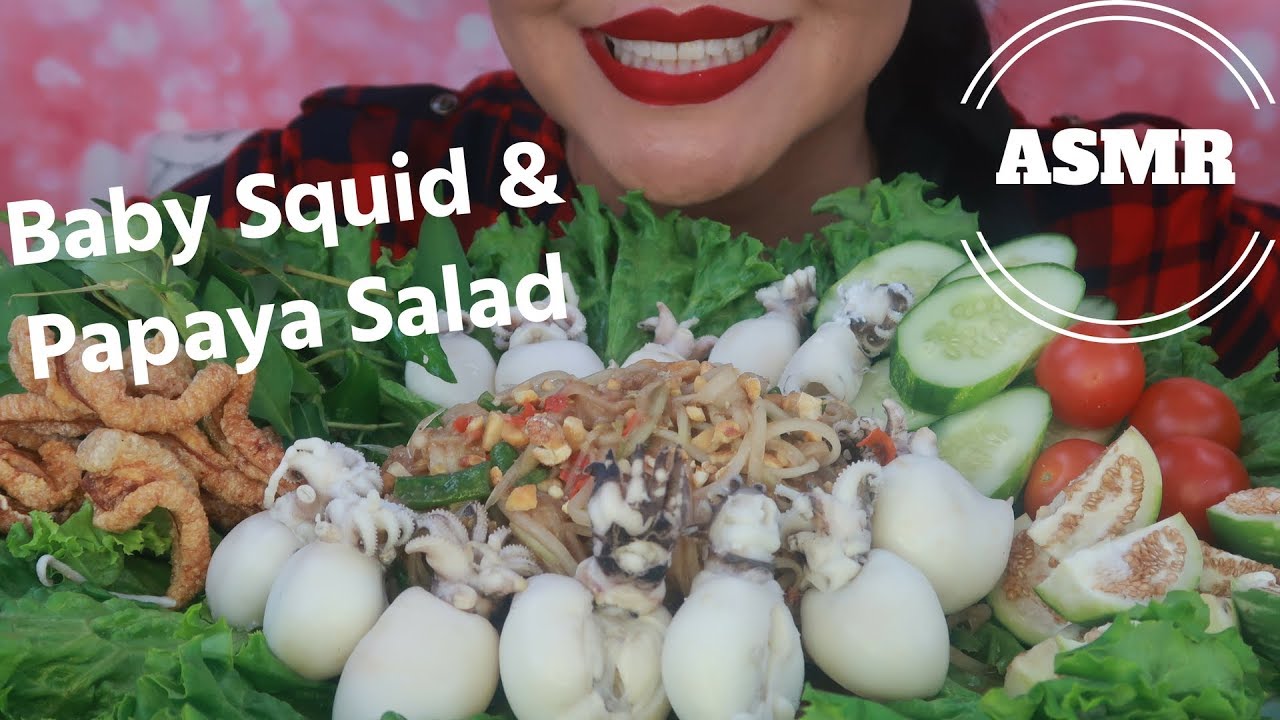 ASMR - Baby Squid & Papaya Salad - Collaboration With Stella ASMR (No ...