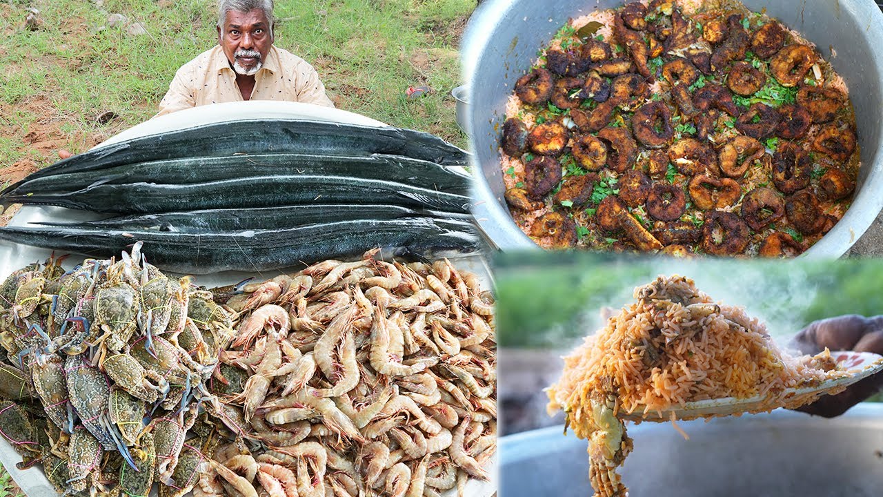 SEA FOODS BRIYANI | FISH,CRAB,PRAWNS Mixed BRIYANI | Dad's Making Sea ...