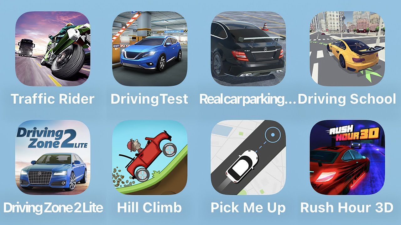 Traffic Rider, DrivingTest, Real Car Parking, Driving School and More ...