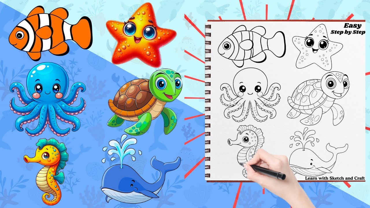 How to Draw Cute Ocean Animals | Easy Step by Step for Kids - YouTube