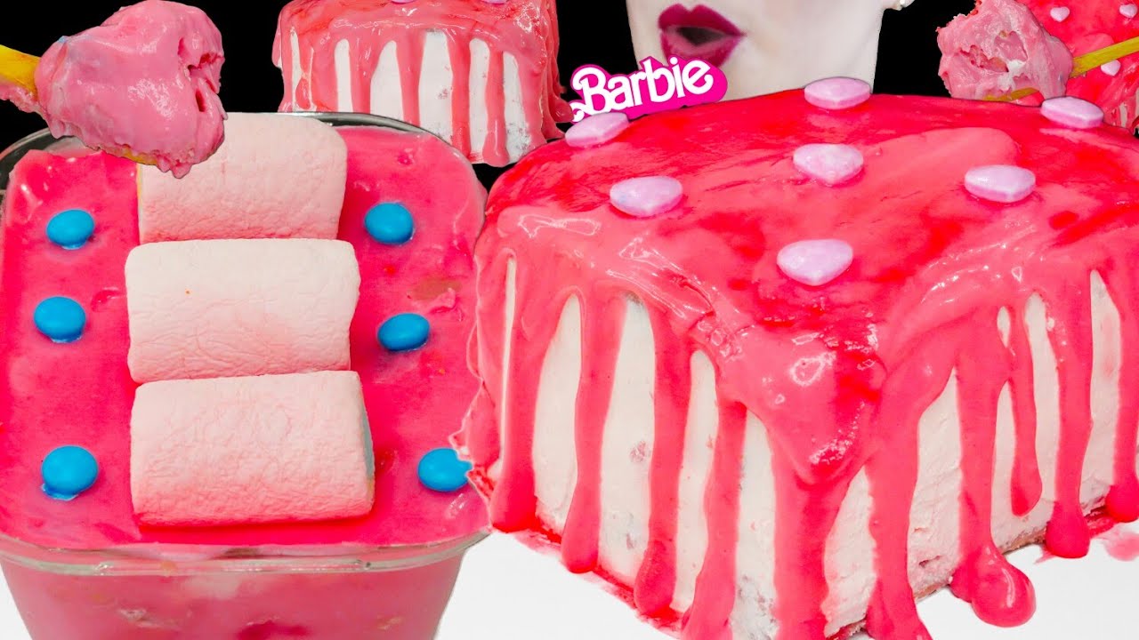 ASMR BARBIE PINK FRESH WHIPPED CREAM CAKE, PUDDING CAKE MUKBANG #asmr # ...