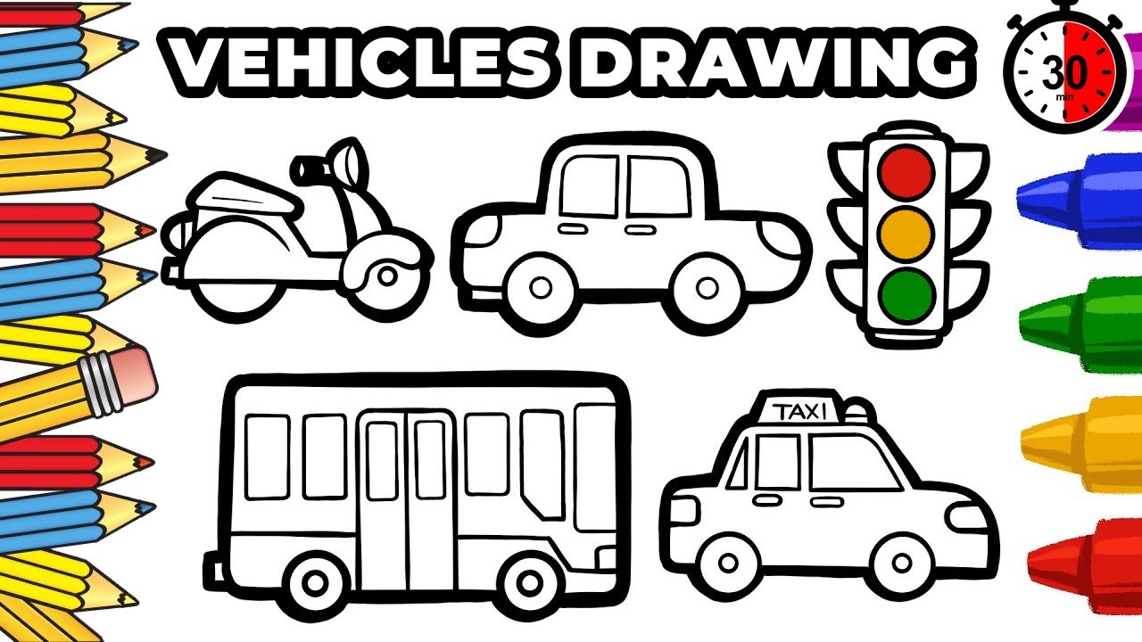 How to draw Vehicles Drawing, 30 min | Painting and Coloring for Kids ...