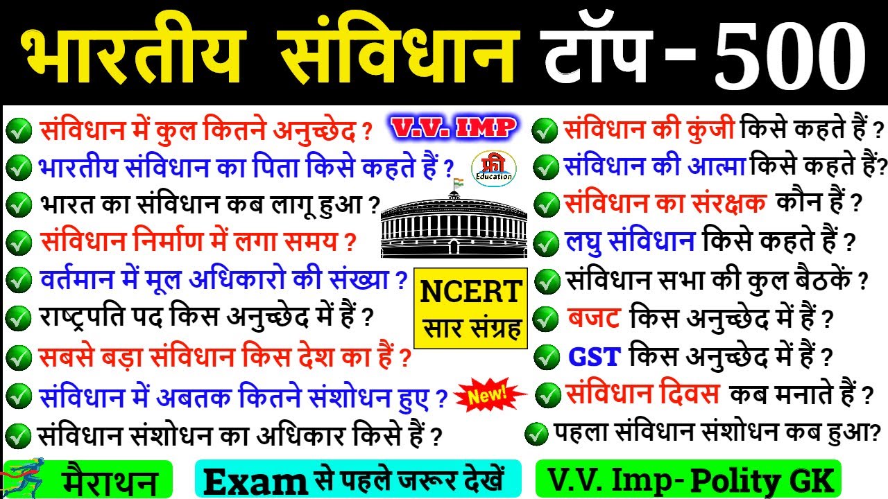 संविधान के महत्त्वपूर्ण प्रश्न | Samvidhan Gk Questions | Indian Polity ...