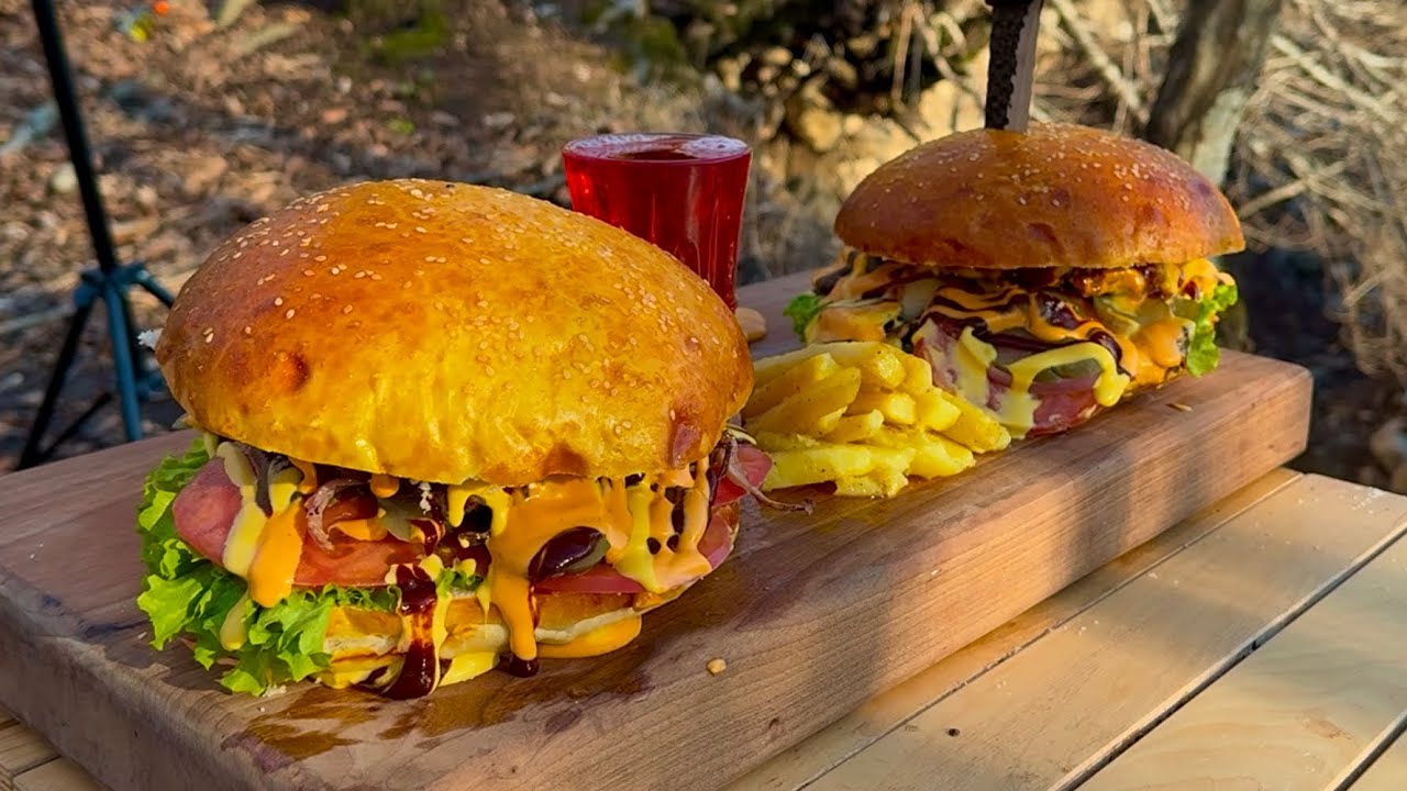 Big and Delicious Double Burger in the Forest! 4 Kilogram Large Burgers - YouTube