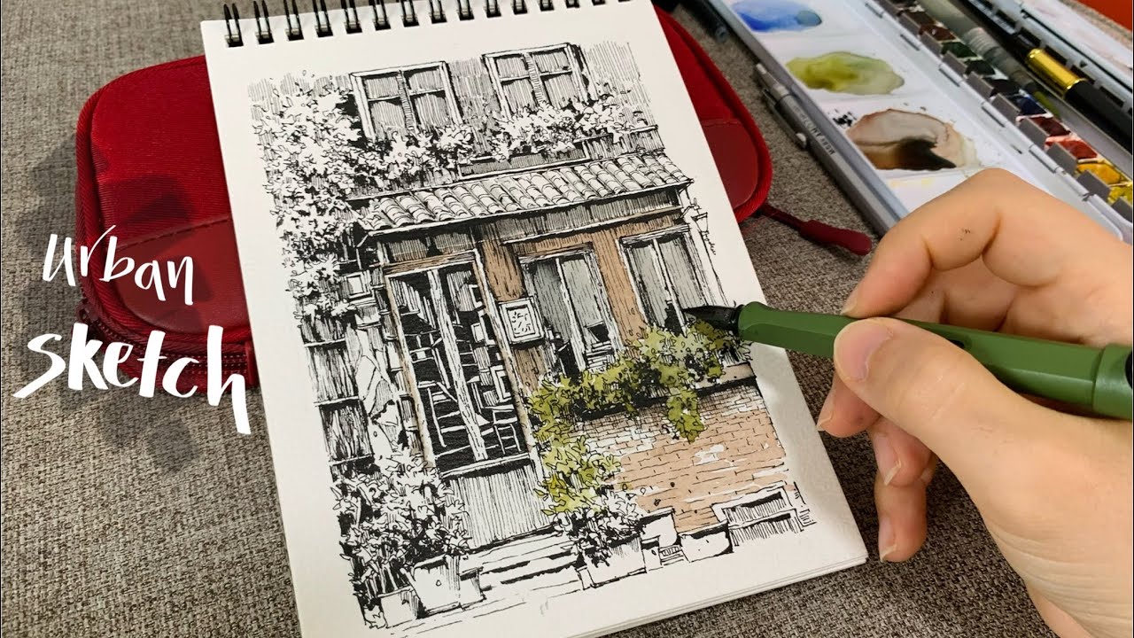 ink drawing in sketchbook with fountain pen - YouTube
