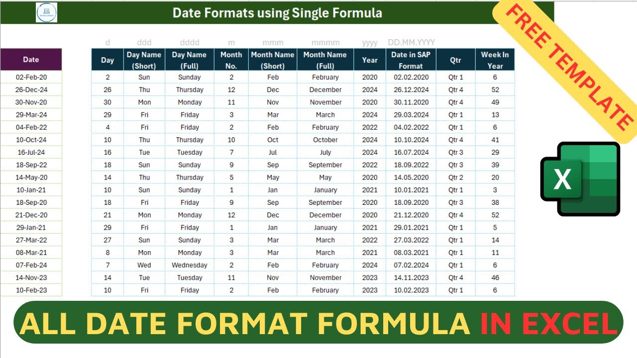 💯Quick date formats using formula in Excel | Free Template - YouTube