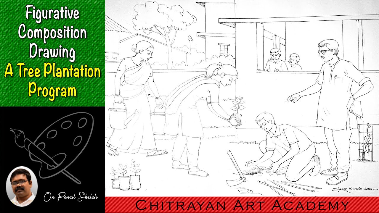 Tree Plantation Scenery Drawing | Tree Plantation Drawing Step By Step ...