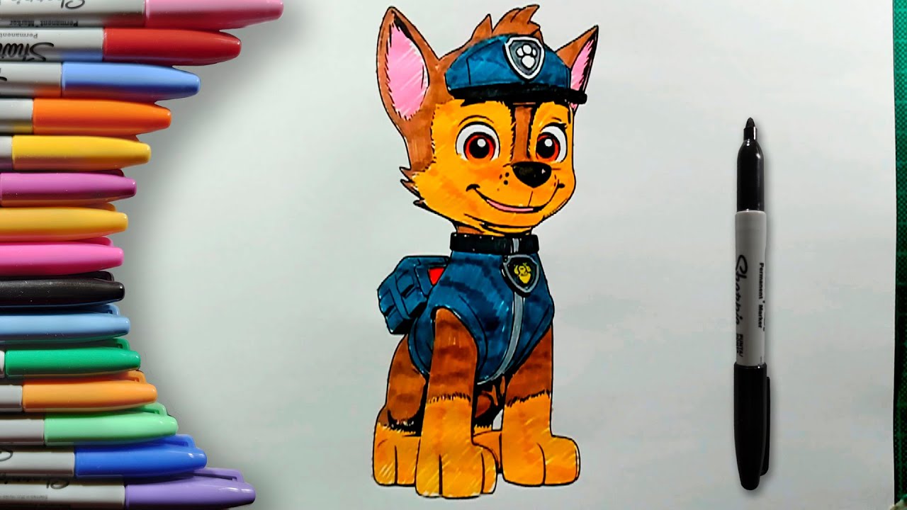 How to Color Chase from Paw Patrol Step by Step Easy Coloring pages for ...