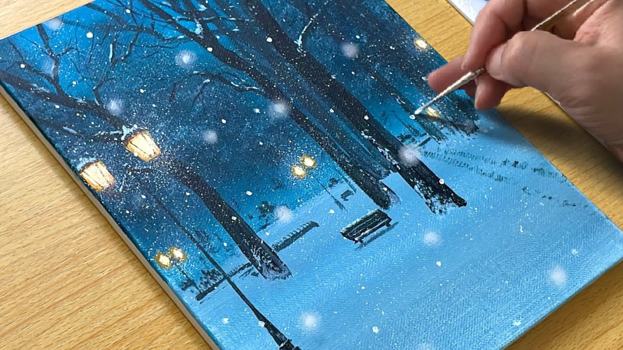How to Draw a Snowy Night / Acrylic Painting for Beginners - YouTube