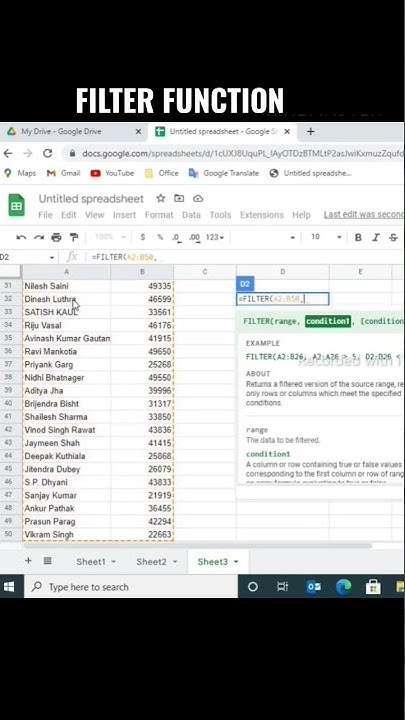 FILTER FUNCTION || How to use Filter function in Google Sheets #microsoft #shorts #filter #short ...