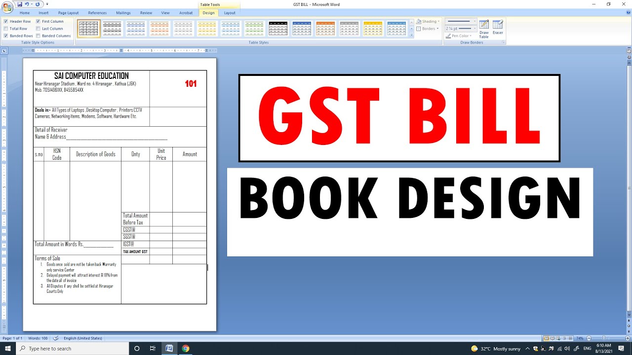 GST Bill book Format in Ms Word | ms word me gst bill kaise banaye ...