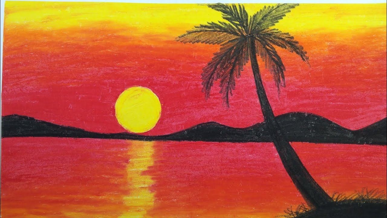 how to draw a beautiful sunset beach scenery... step by step... oil ...