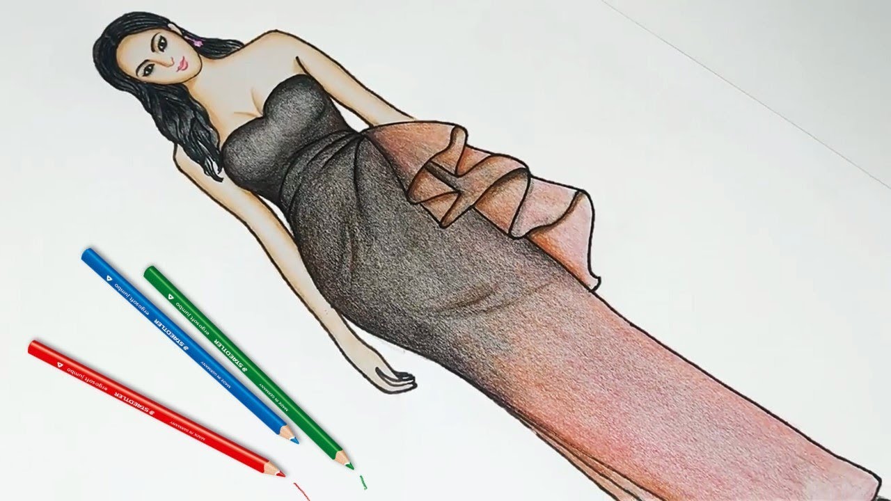 Dark Red Dress Drawing | Fashion Illustration Drawing for Beginners ...