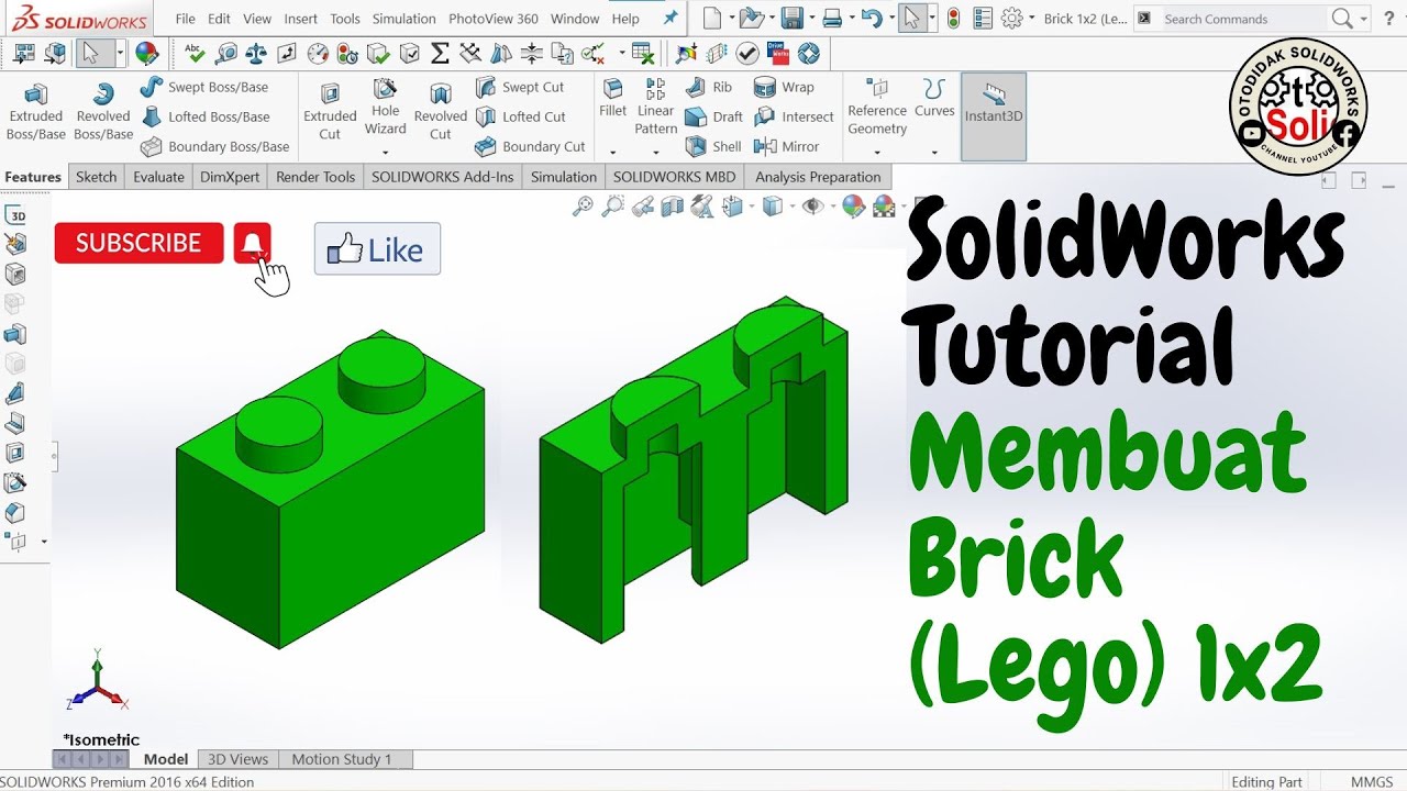 Solidworks Tutorial - Membuat Brick Lego 1x2 - YouTube