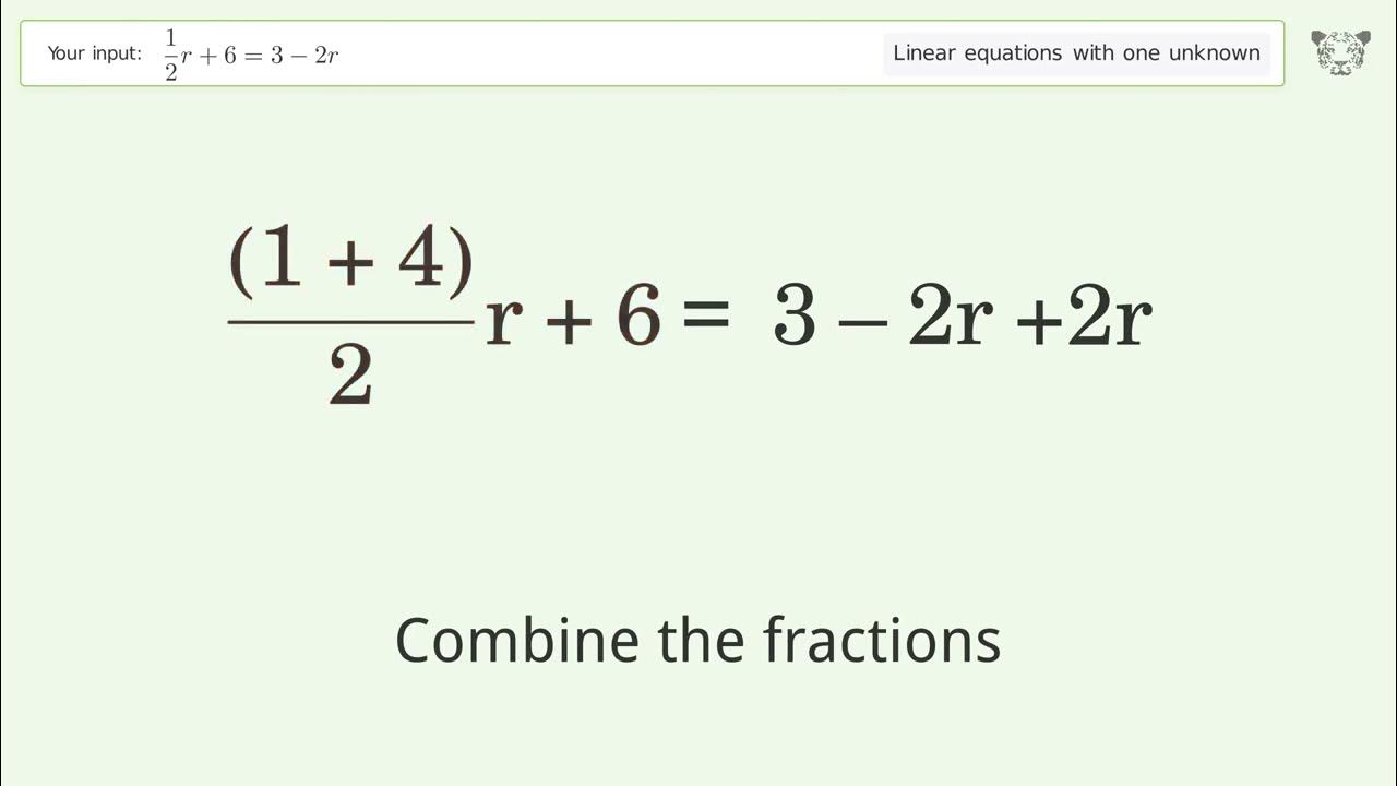 Linear equation with one unknown: Solve 1/2r+6=3-2r step-by-step solution - YouTube