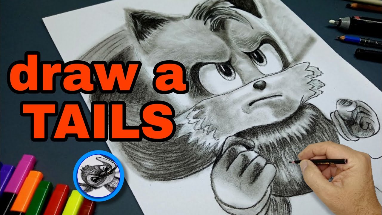 Draw a realistic black pen drawing: Tails From Sonic The Hedgehog ...