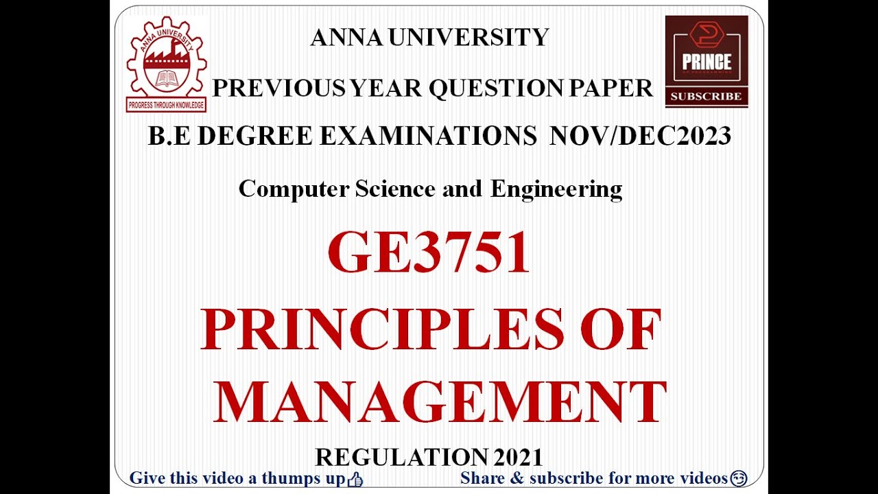 GE3751 PRINCIPLES OF MANAGEMENT | ANNA UNIVERSITY QUESTION PAPER NOV ...