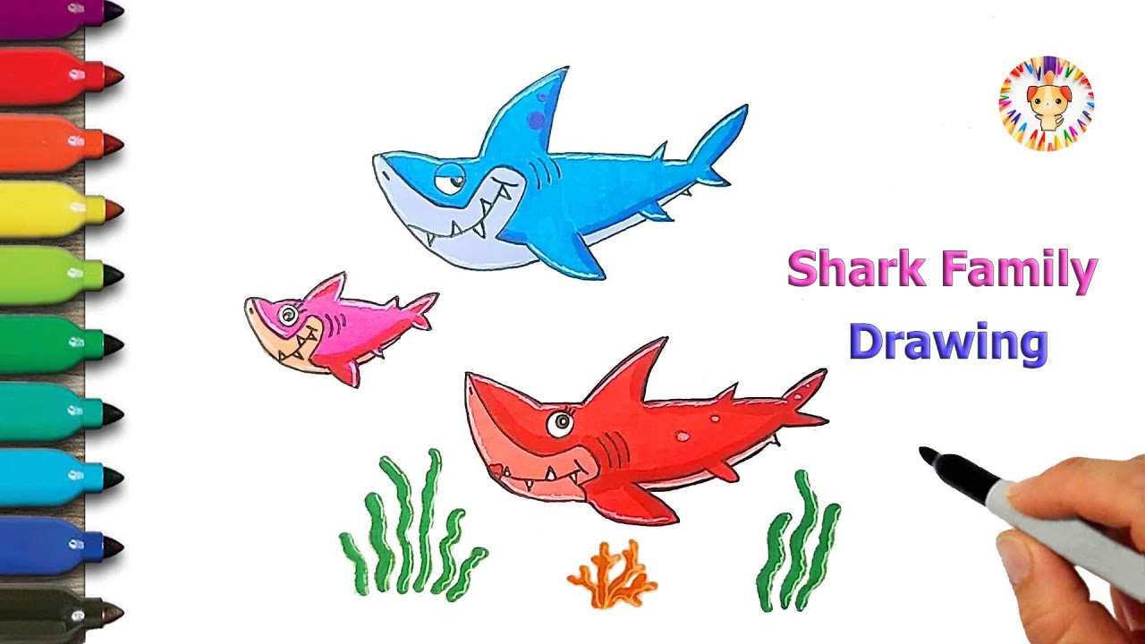 How to draw Shark Family 💙 Baby Shark and Mom Shark and Dad Shark ...