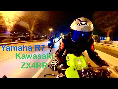 Gece sürüşü yaparken R7 ye denk geldim 😍 KAWASAKİ ZX4RR💚💙YAMAHA R7