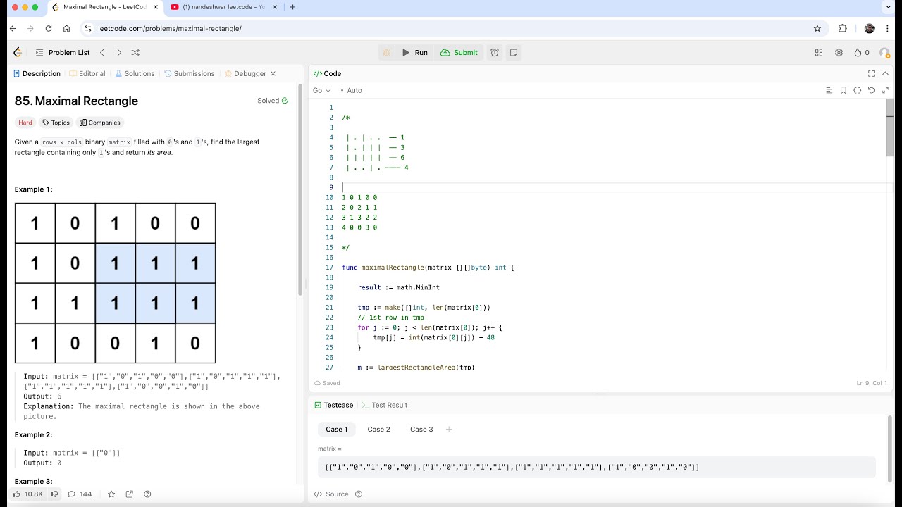 Leetcode 85 Maximal Rectangle Goalng And Java Youtube 4309