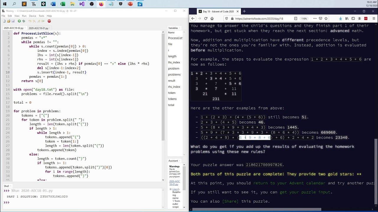 Python Solution for 2020 Advent of Code - Day 18 - Operation Order - YouTube