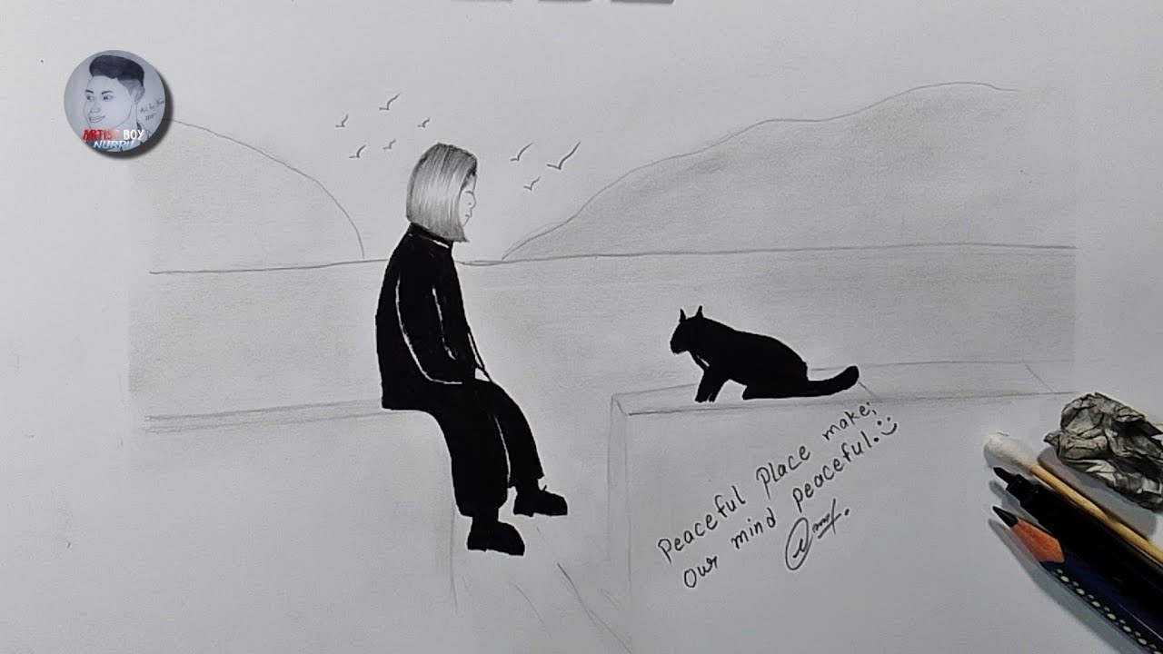 How To Draw Alone Girl Sitting In A Peaceful Place | Easy Step By Step ...