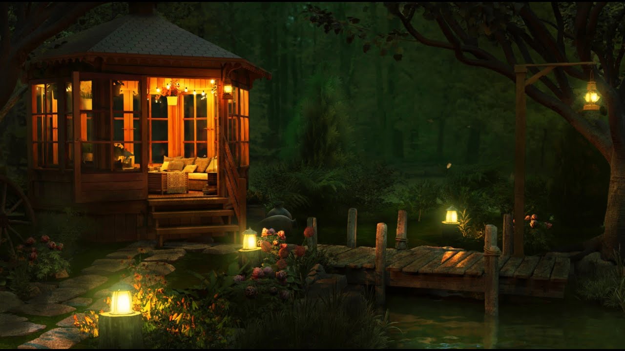 Gazebo Ambience w/ Relaxing Swamp Sounds at Night, Gentle River, Frogs ...