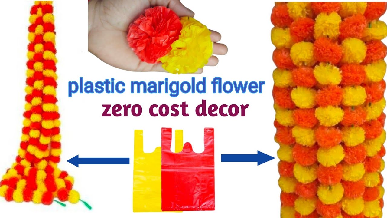 plastic carry marigold flower//How to make marigold flower garlands ...