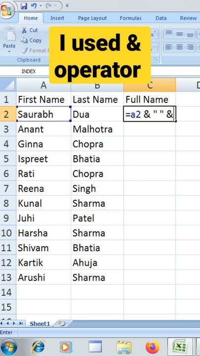 Adding two texts in Excel | Add First and Second name | Ytshorts|Excel - YouTube