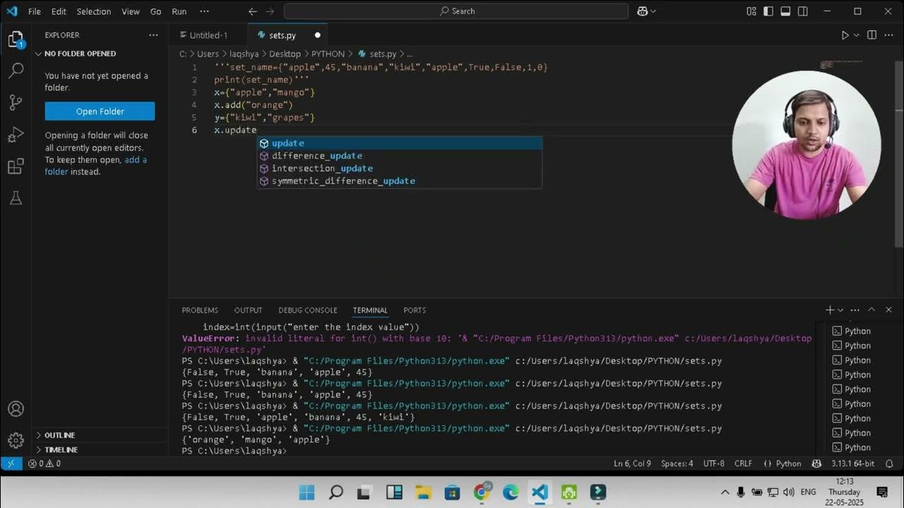 PYTHON SET PROGRAM ADD DELETE UNION INTERSECTION DIFFERENCE - YouTube