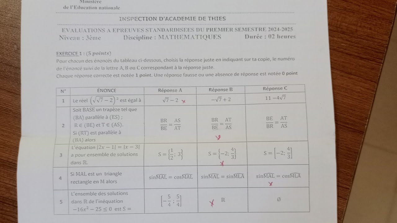 Exercice 1:QCM composition de maths de la classe de troisième de l'IA ...