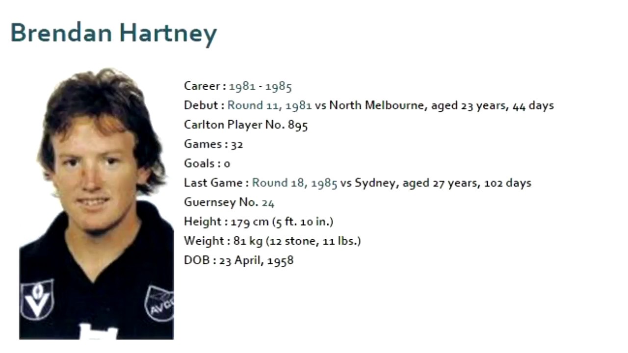 Brendan Hartney 1985 - Carlton Football Club Past Player - YouTube