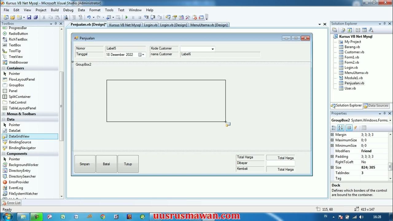 tutorial vb.net dan mysql - bab 9 membuat from penjualan - YouTube